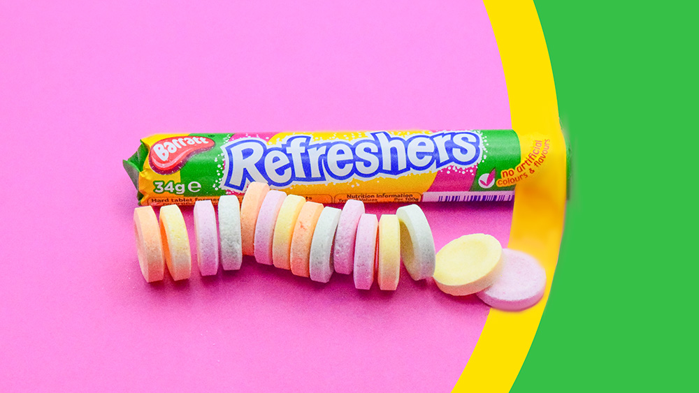 Refresher Rolls a tangy burst of fruity fizz, a multicoloured, disk ...